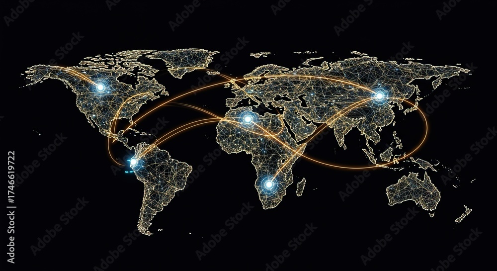 Luminous world map on a dark background showing interconnected hubs ...