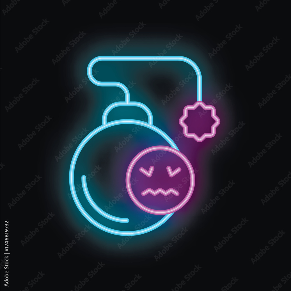 Neon bomb with a sad face is glowing, showing the concept of stress ...