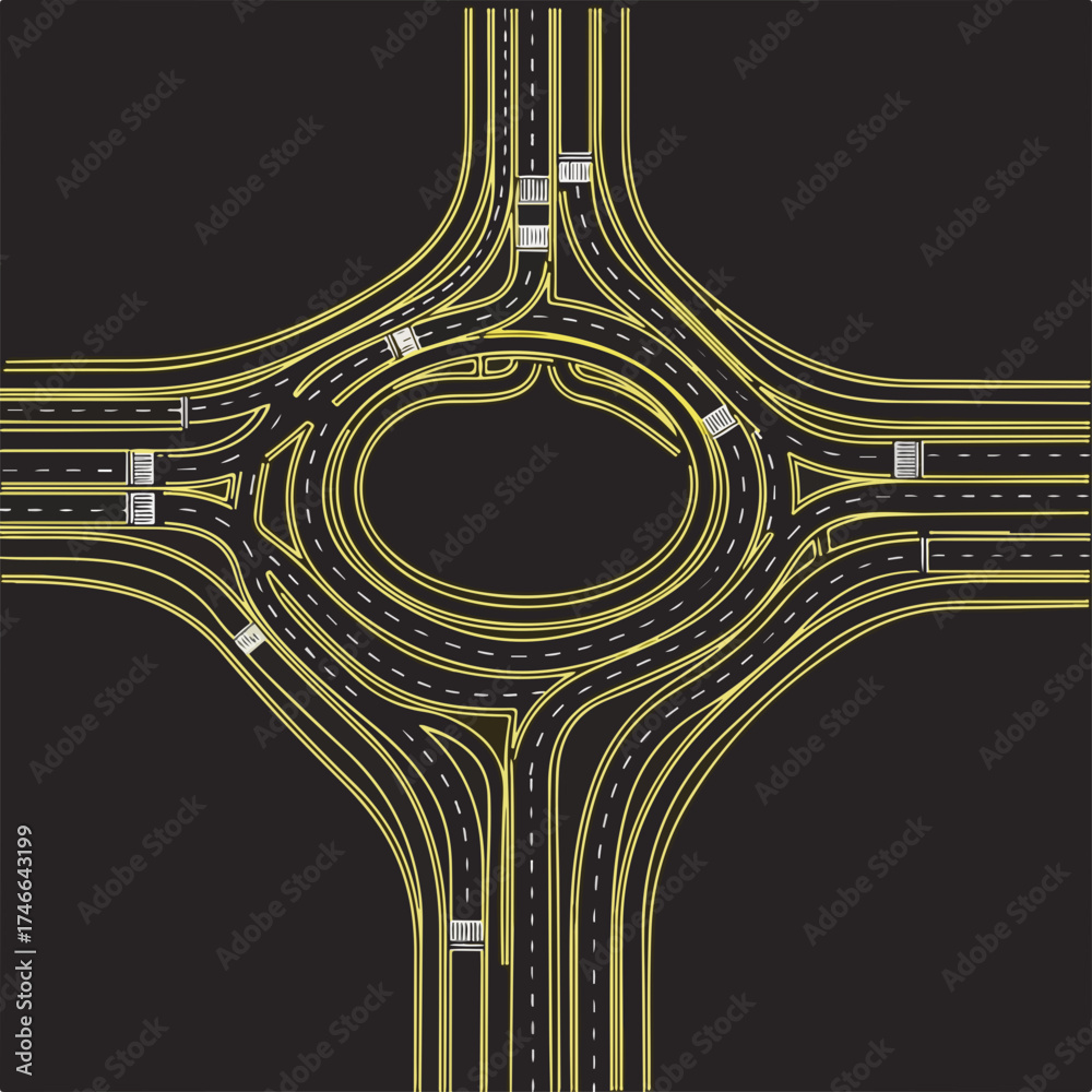 Aerial roundabout view with multiple access points and several cars ...