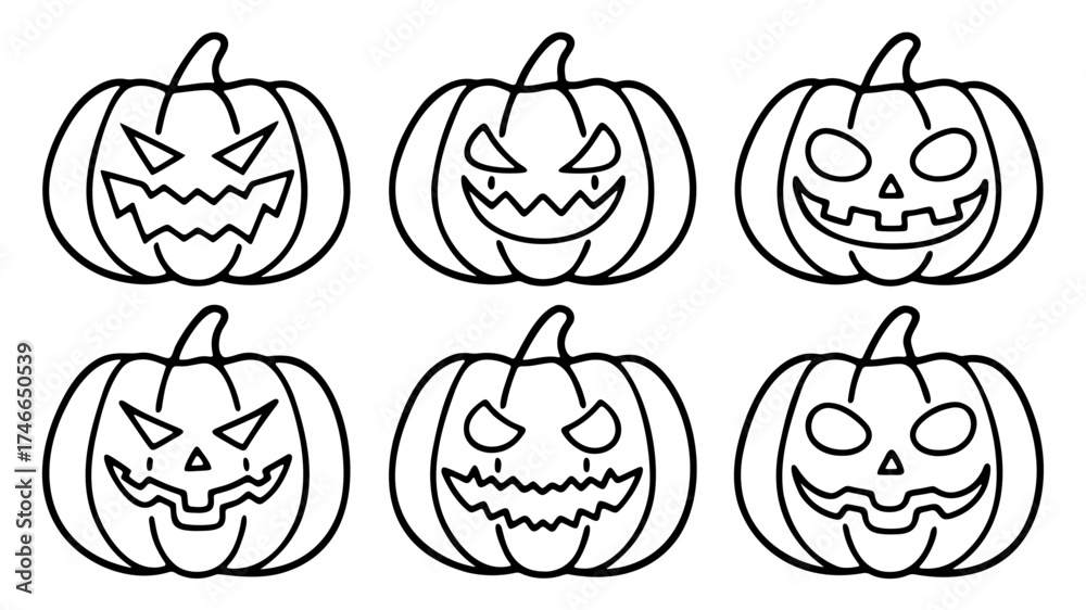 Set of six halloween pumpkins with carved faces and different jack-o ...