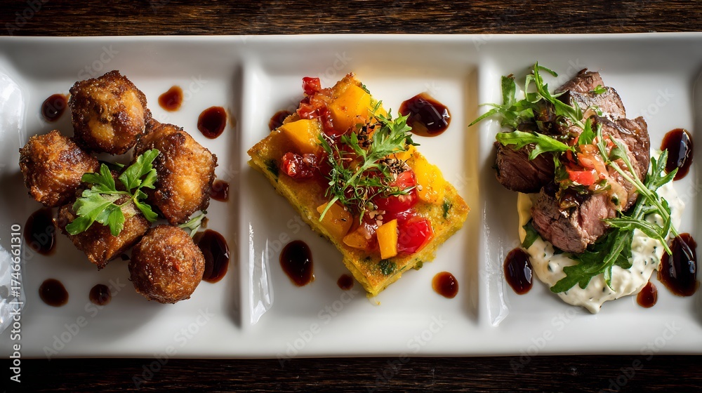 Fusion tapas trio gourmet presentation Spanish fine dining sampler left ...