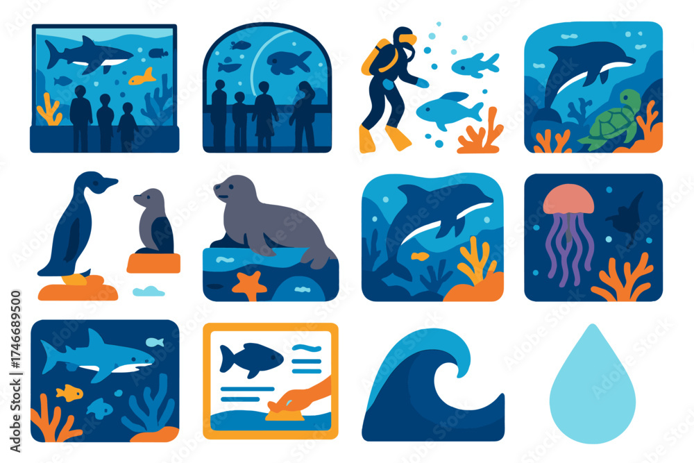 Vibrant Aquarium Icons. Public Aquarium flat icon set. large tank ...
