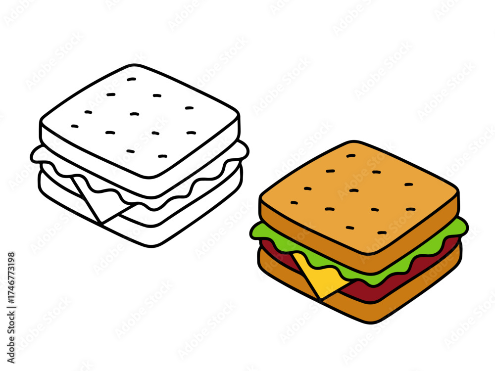 Delicious sandwich outline illustration for coloring. Perfect for kids ...