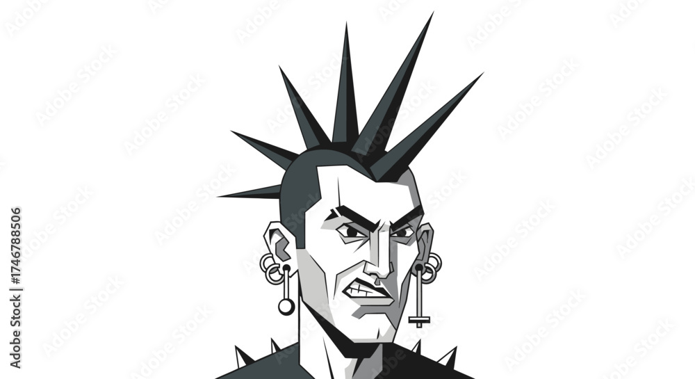 Cartoon drawing of a punk man with a mohawk hairstyle and intense ...