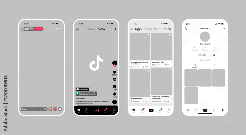 TikTok interface UI mockup set. Mobile social media app screen template ...