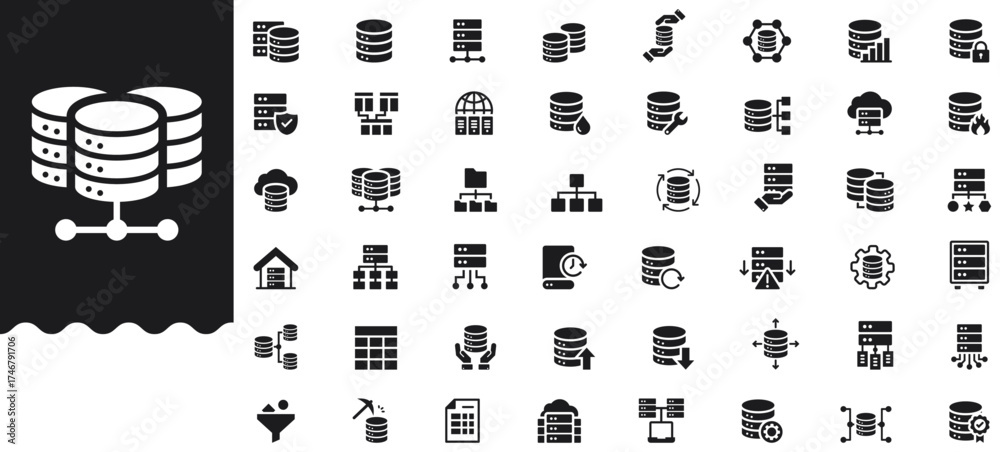 Database and Server solid icon set features data storage, backup, sync ...