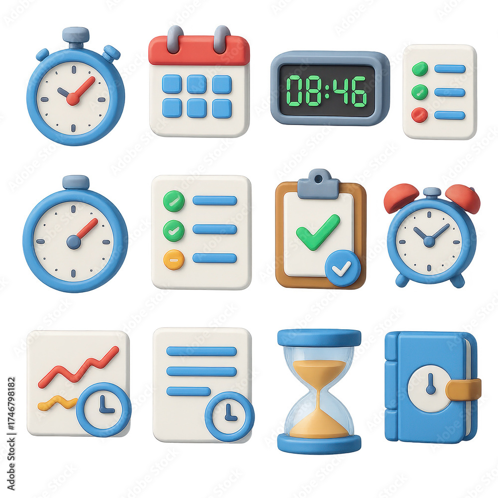 Time Management Icons. Time log set of icons in 3D color style ...