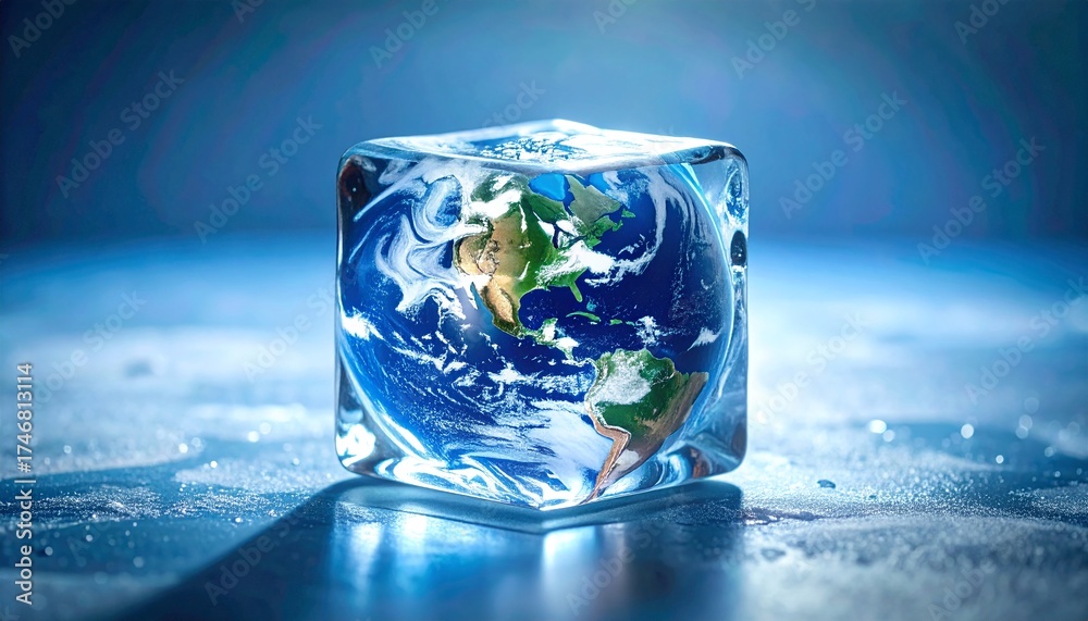 Planet Earth, shaped like an ice cube slowly melting away, a powerful ...