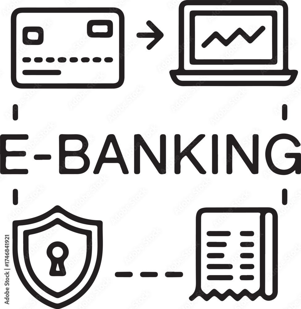 E-Banking Vector Icons Online Transfer, Credit Card, Laptop, Dollar ...