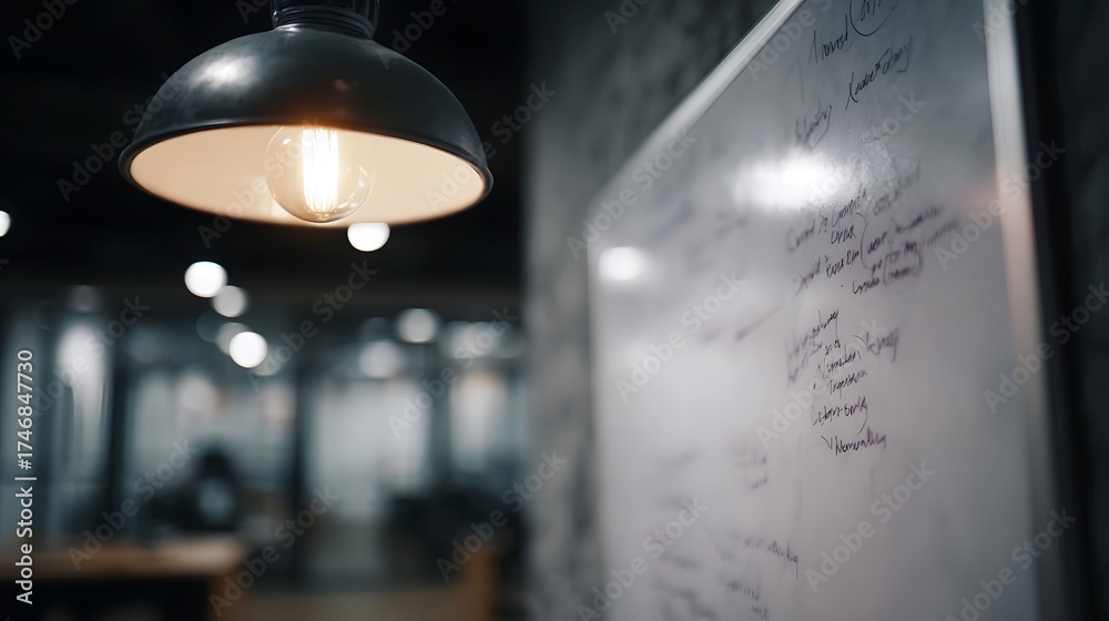 A vintage office lamp illuminates a whiteboard filled with strategy ...