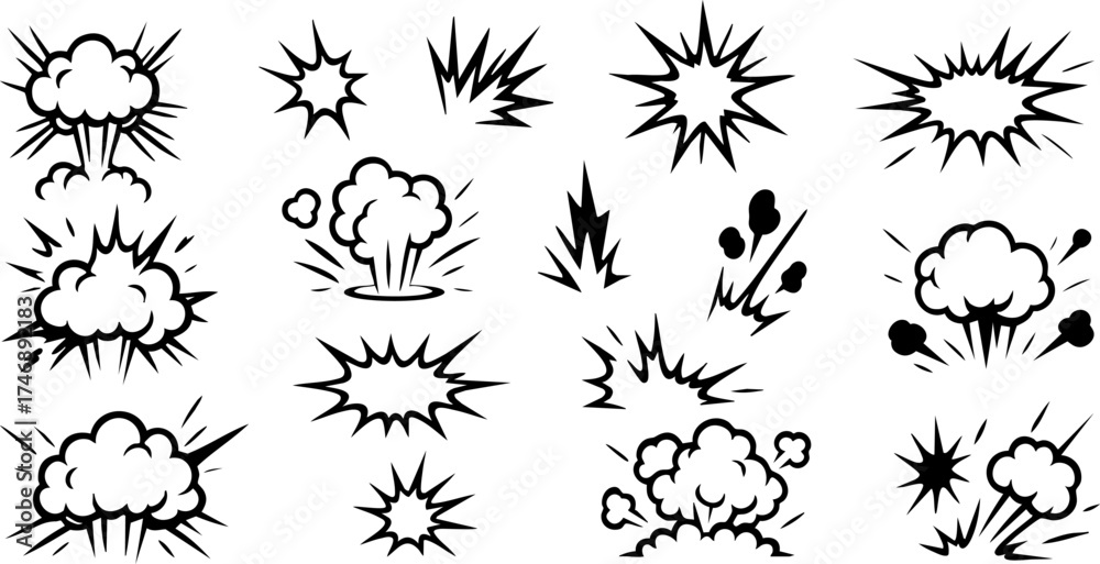 Set of black outline comic explosion and smoke effects on a transparent ...
