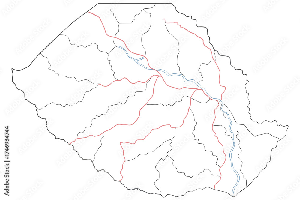 Detailed outline map featuring roads and rivers within a distinct ...