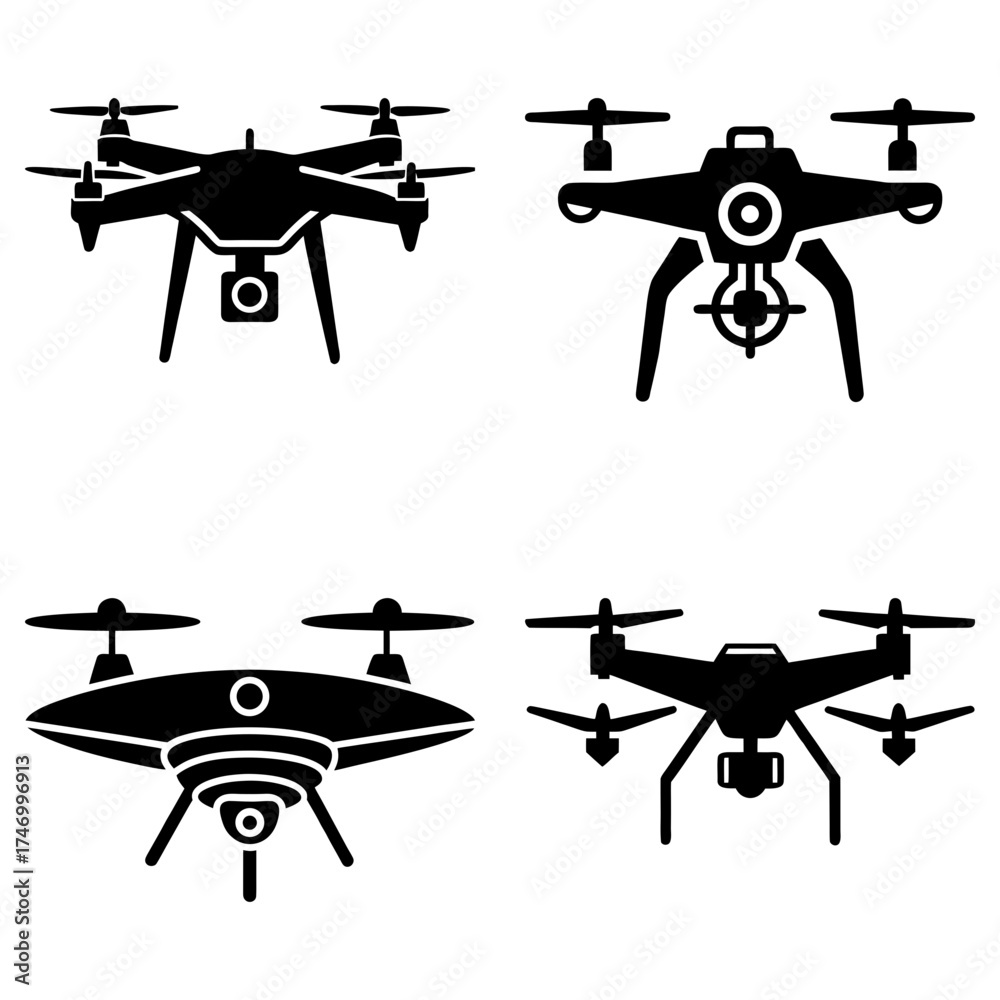 Collection of four different drone designs with various camera and ...