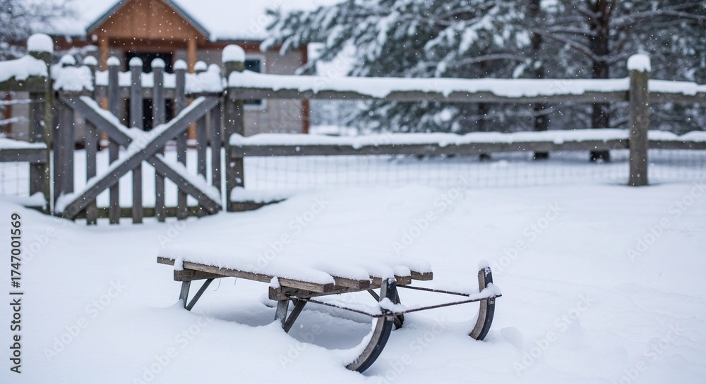 Simple winter scene with sled in front of small rural house gate, snow ...