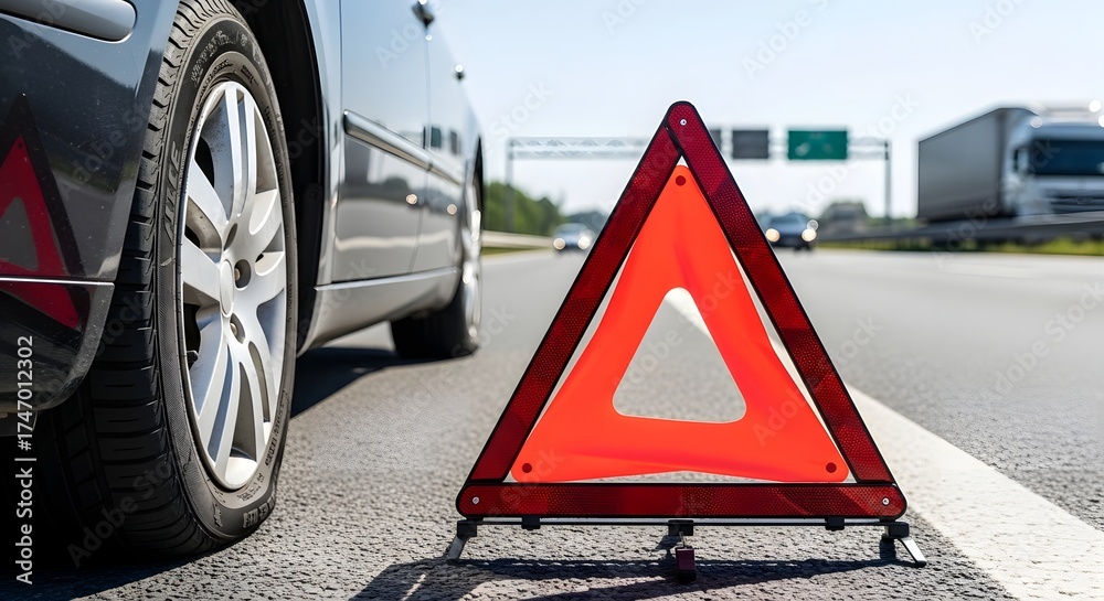 Roadside safety concept with warning triangle on highway for emergency ...