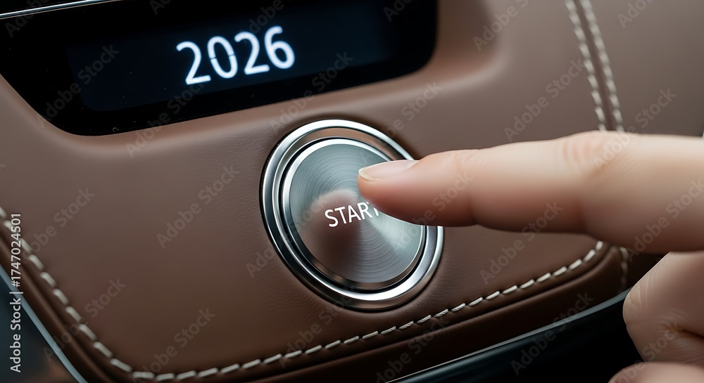 Finger pressing the start stop button in a modern car interior with the ...