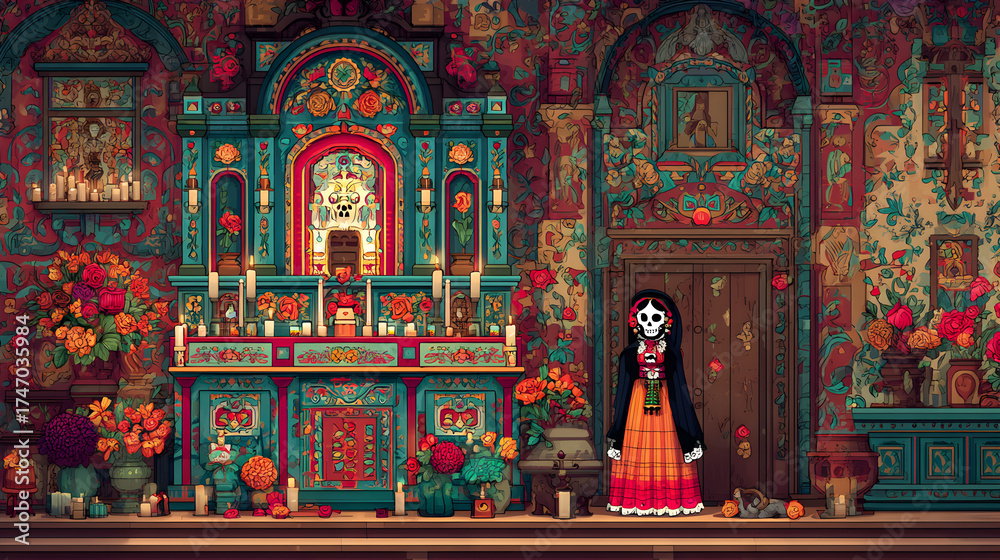 Ilustración de Stock una imagen de un altar de muertos con una catrina ...