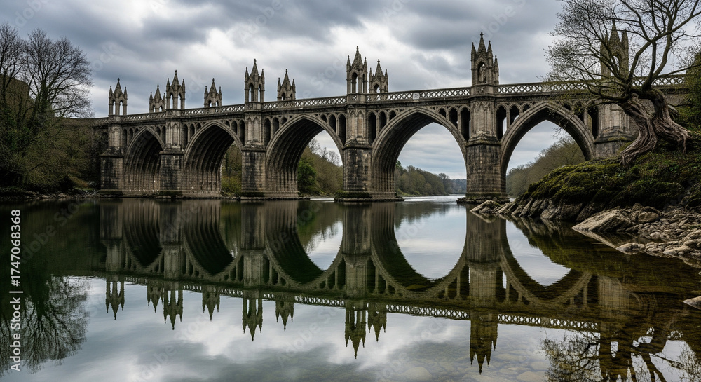 Majestic Gothic Arch Bridge Reflected Perfectly in Still Water Below A ...