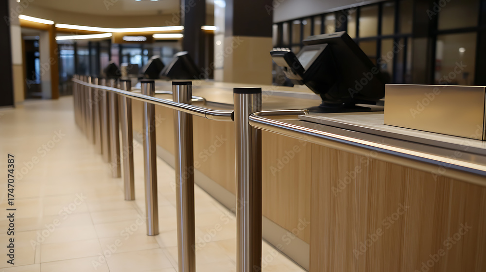 Queue barriers guide visitors through a reception area, creating an ...