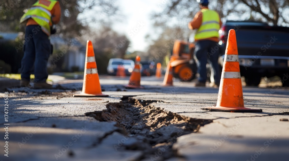 Construction workers are assessing the damage on a cracked asphalt road ...