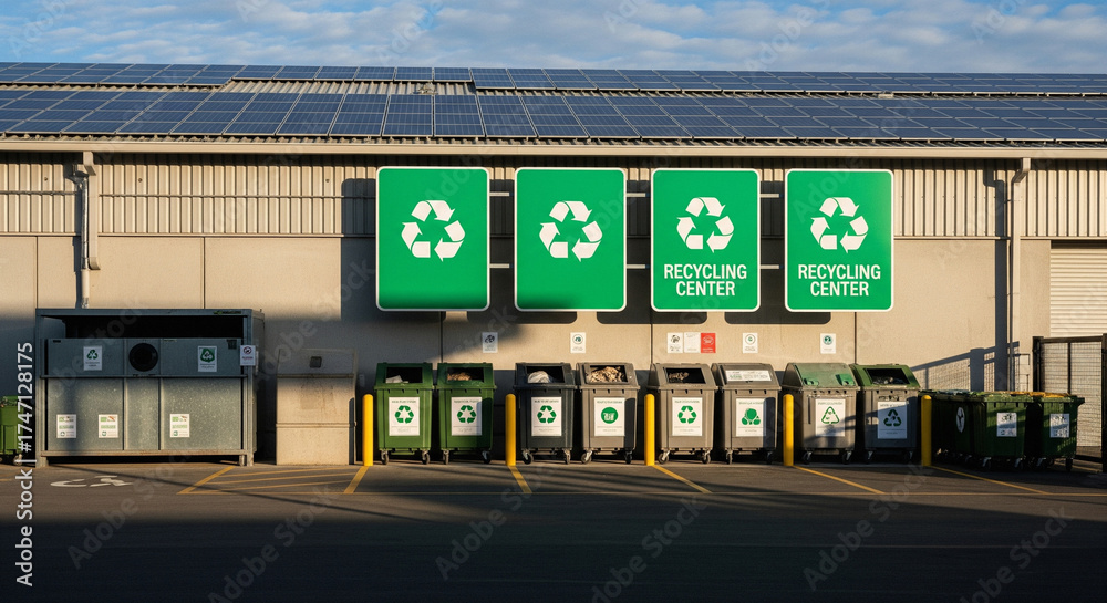 Recycling Center with Collection Bins and Solar Panels Stock Photo ...