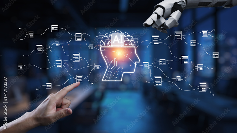 This image illustrates the concept of artificial intelligence merging ...