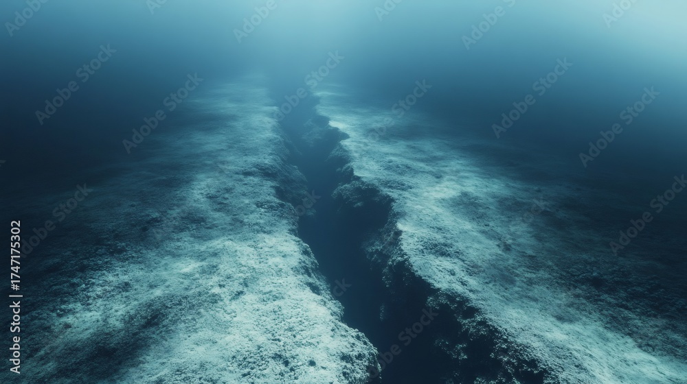 Deep underwater fault line opening during an earthquake, releasing ...