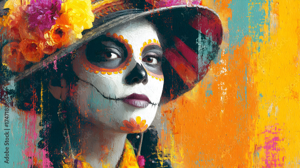 acercamiento de una mujer maquillada o disfrazada de catrina para ...