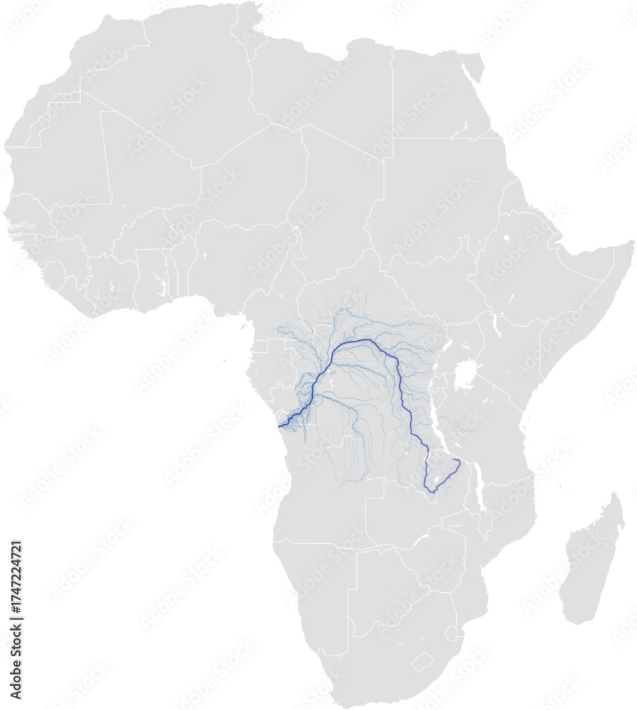 Congo river system – rivers vector map of Africa highlighting main stem ...