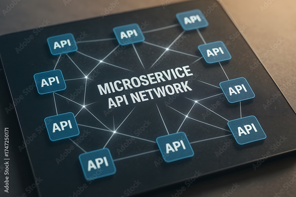 Visual depiction of a Microservice API network. Concept of technology ...