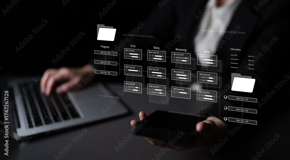 Project management system showing workflow stages, task progress, and ...