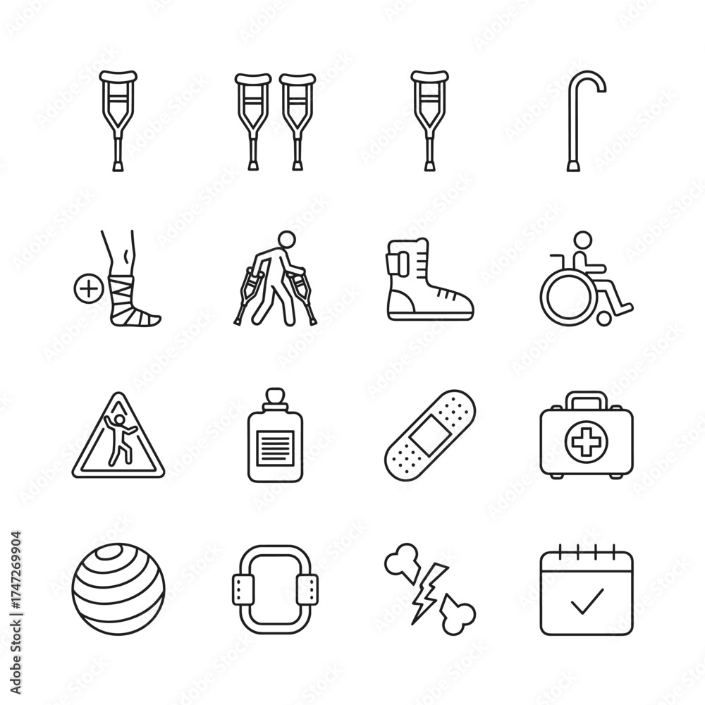 Injury and rehabilitation line icon set. Medical icons for disability ...