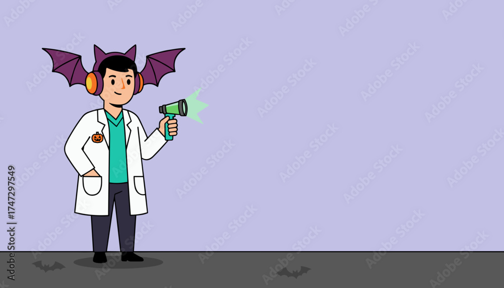 Cartoon scientist with bat headphones and pumpkin pin holds glowing ...