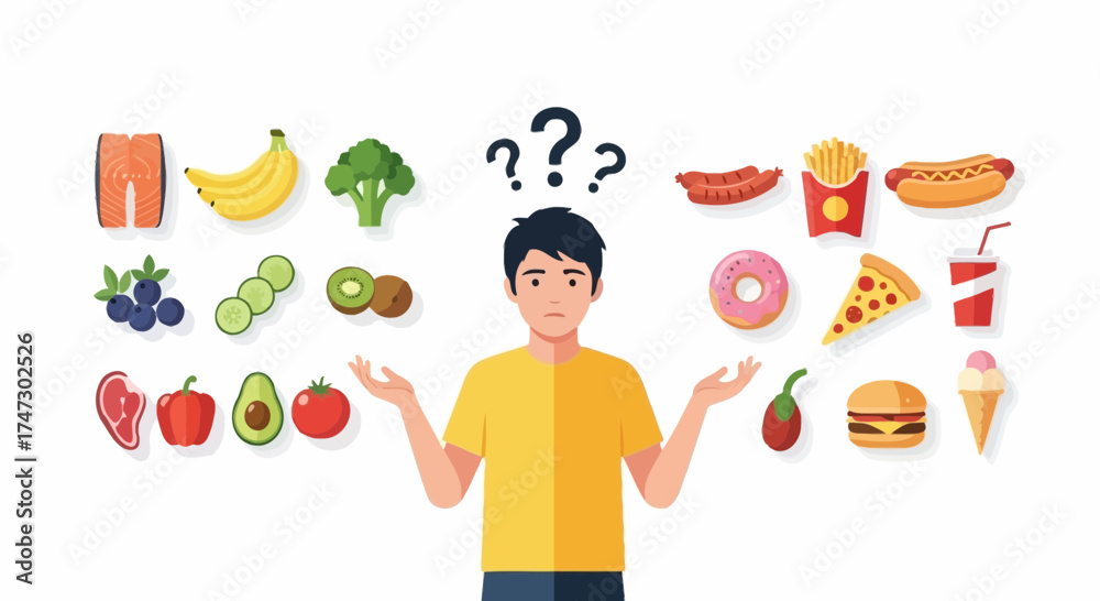 A man stands with arms outstretched, pondering a choice between healthy ...