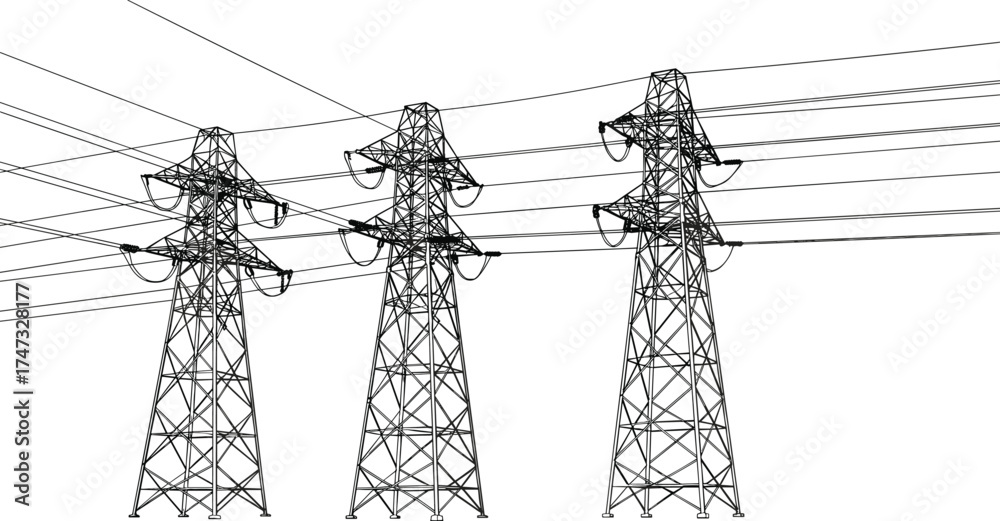 High voltage power transmission towers with electric cables, energy ...