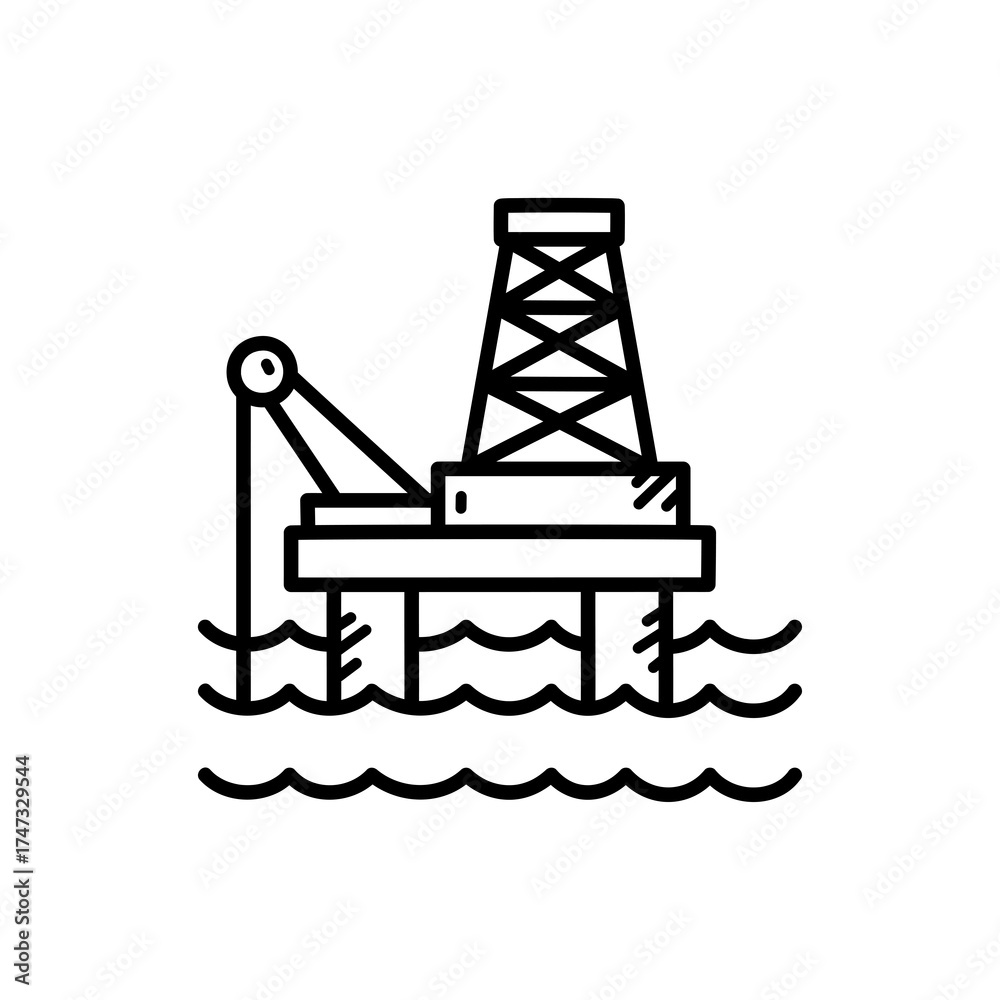 Oil Rig Icon Black Outline Standing In Wavy Water On White Background ...