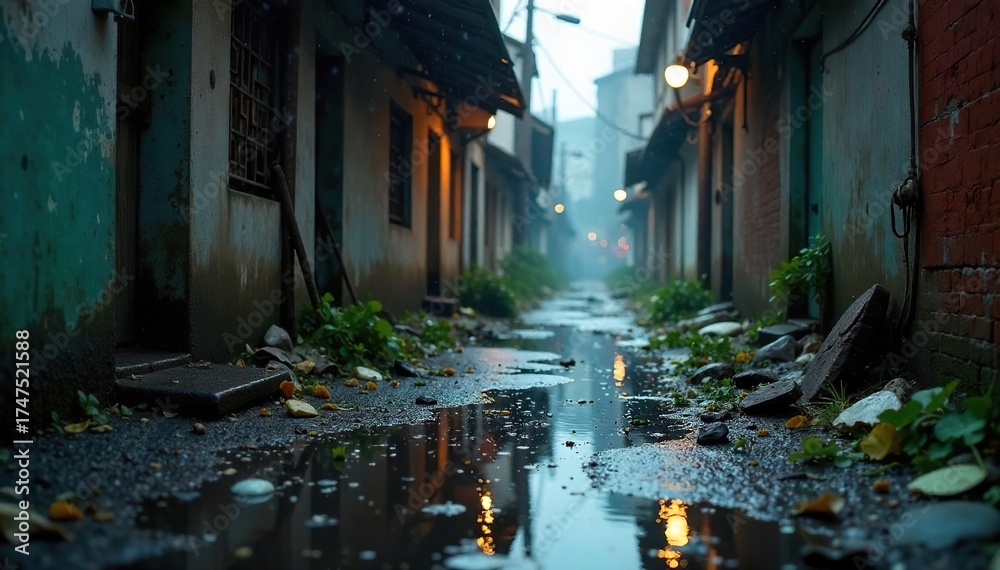 Desolate Alleyway Crime Scene Rain-Soaked, Broken Glass, and Discarded ...