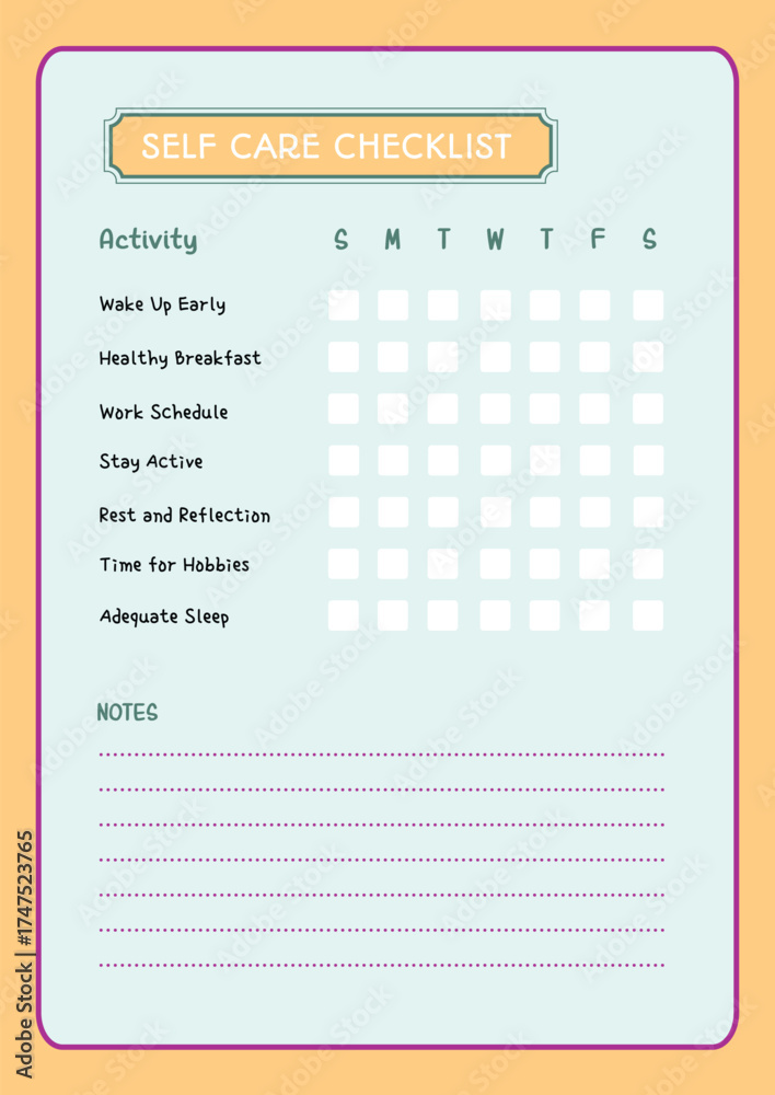 Printable self care checklist template featuring daily wellness ...