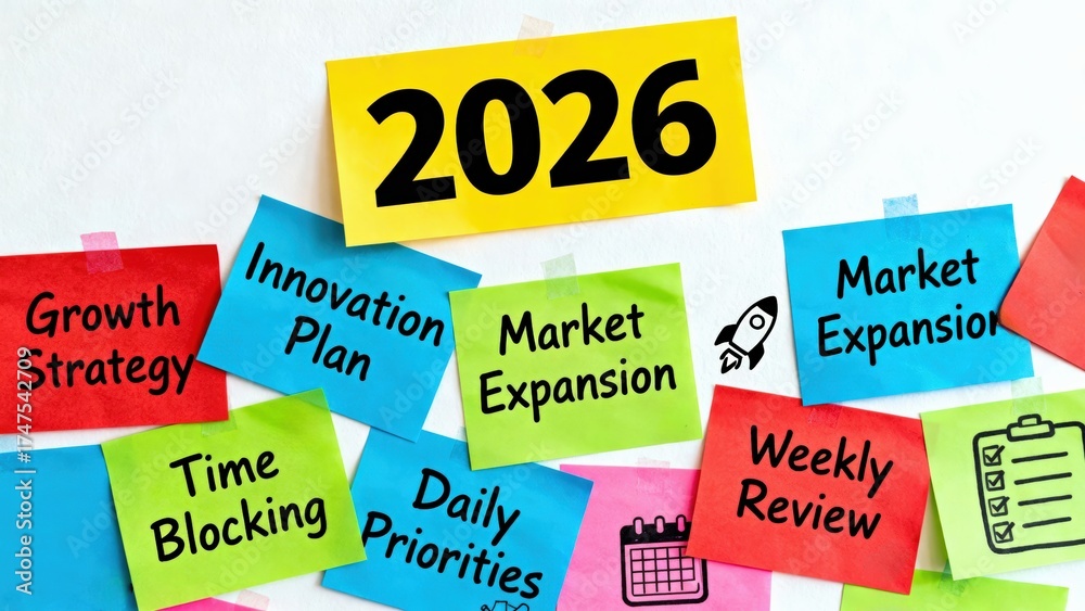 Colorful sticky notes displaying business strategies and plans for the ...