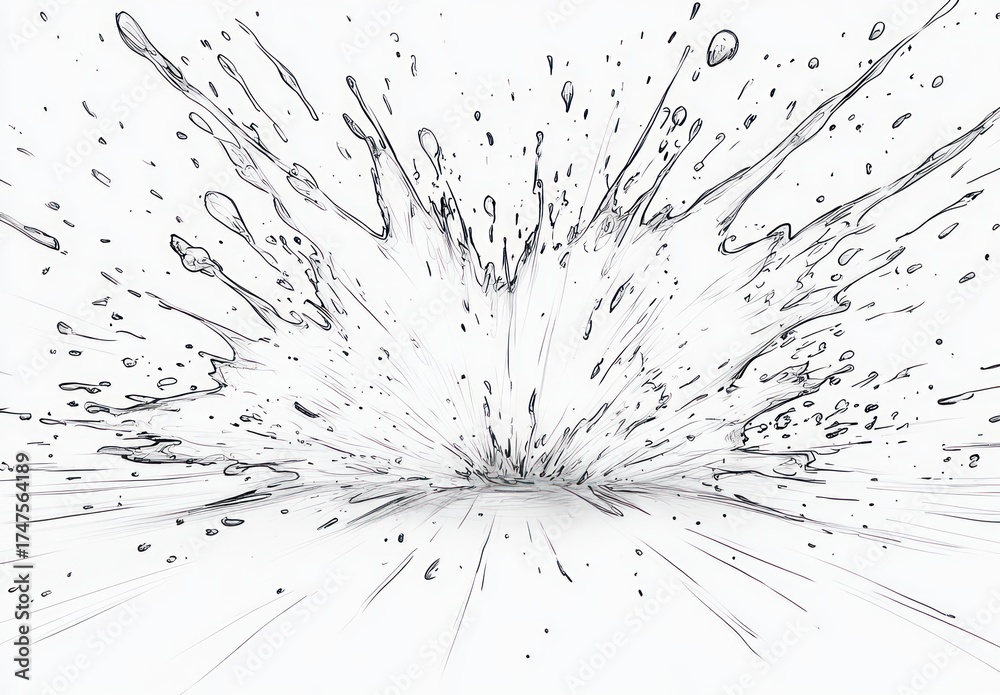 Detailed black and white sketch of a large water splash with droplets ...