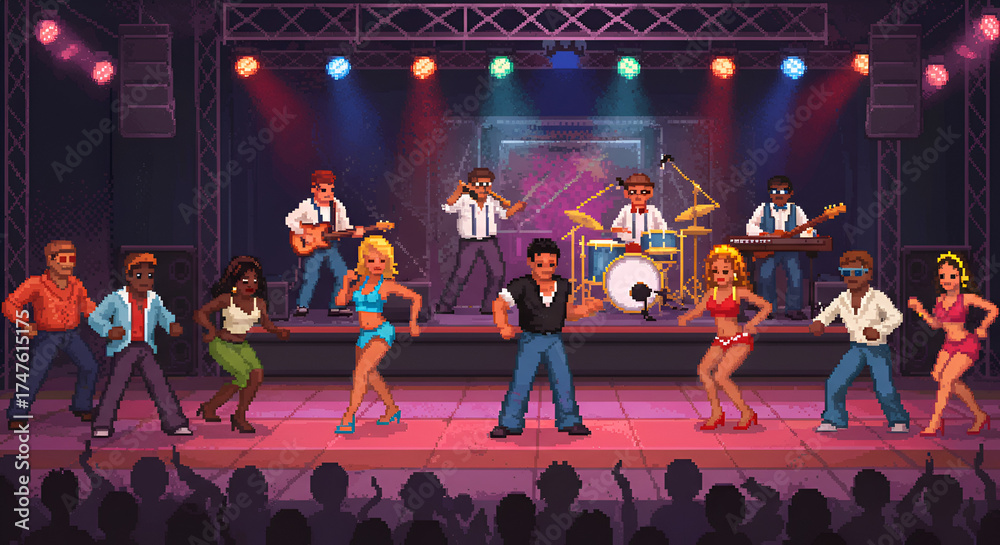 Pixel Art Dance Performance with Live Band and Dancers on Stage Stock ...