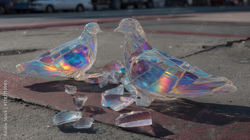 Transparent colorful glass pigeon sculptures on cement ground with ...