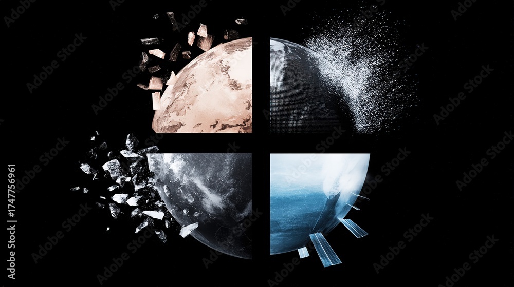 quadrants. Fractured globe with mismatched seasonal quadrants spinning ...