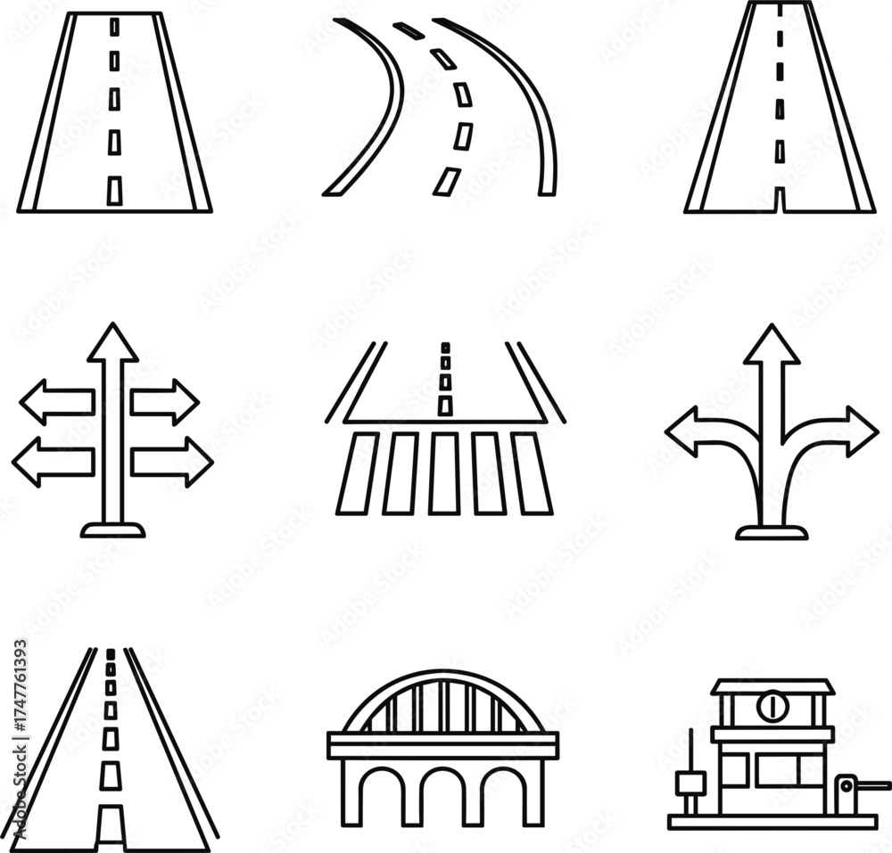 Road and Highway Outline Icon Set with Lane Markings, Directional ...