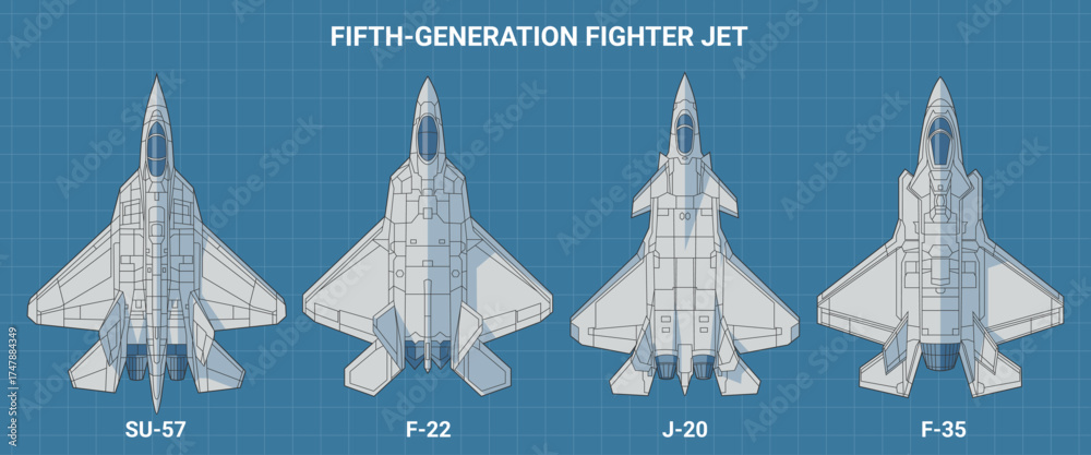 Set of fifth generation fighter jet in blueprint style from top view ...