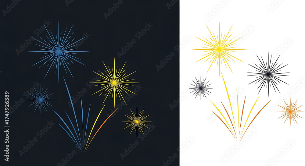 Graphic illustration of fireworks on a split background of dark and ...