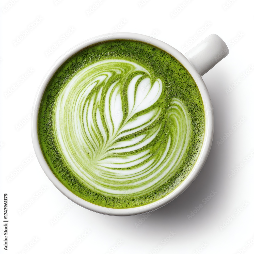 Top-down view of matcha latte. Whipped milk art on top of a green ...