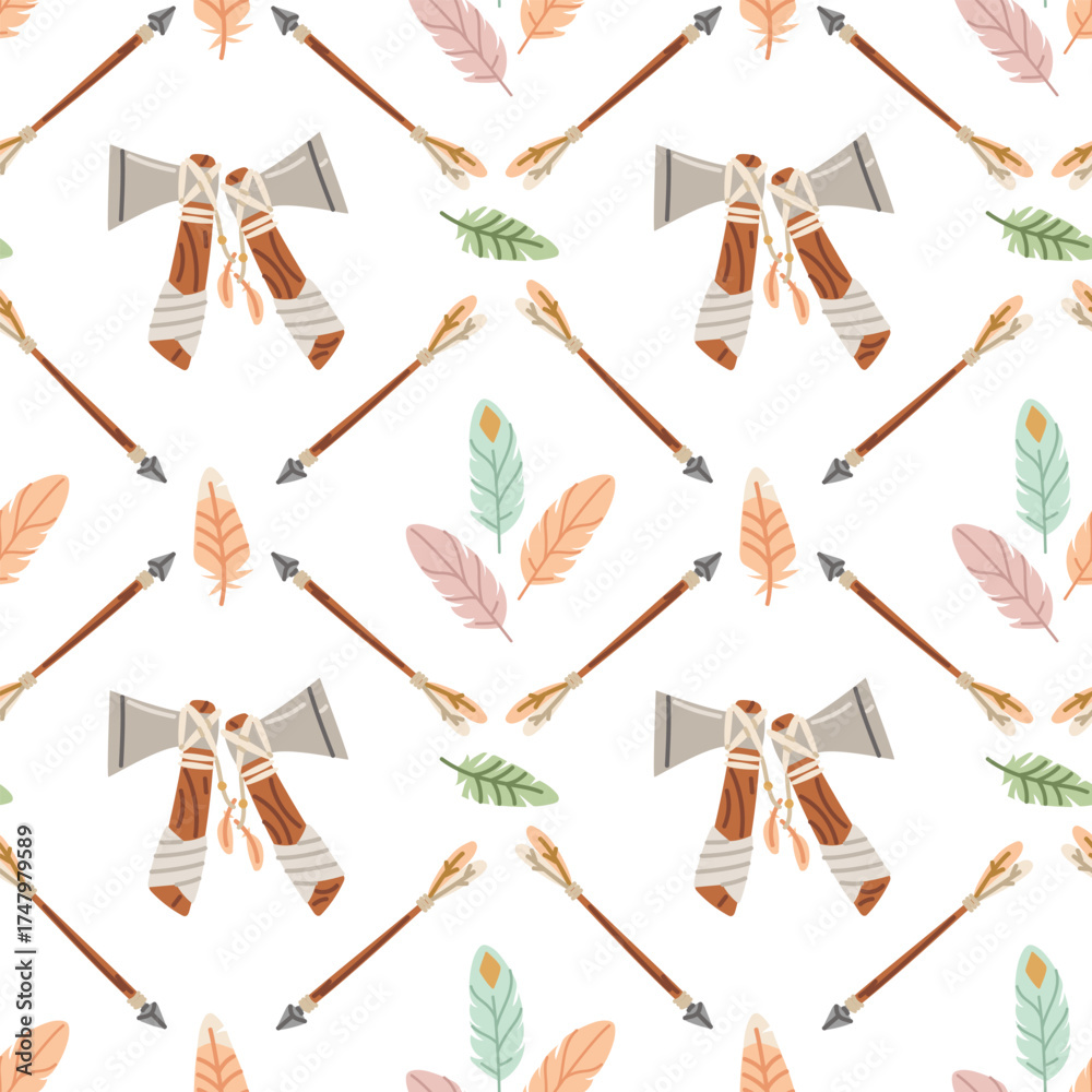Pattern Two tomahawks, arrows, feathers, Native Americans. Colorful ...