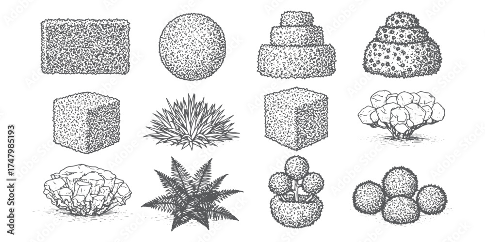 CAD Drawings. Set of bush and shrub.hedge, round shrub, layered bush ...