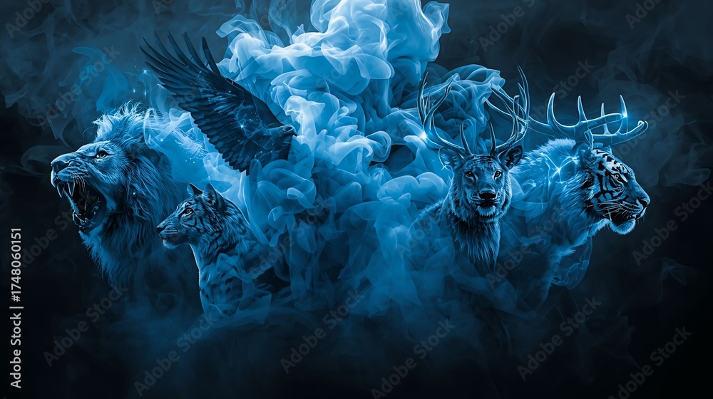 Mystical blue smoke forming powerful spirit animals, including a lion ...